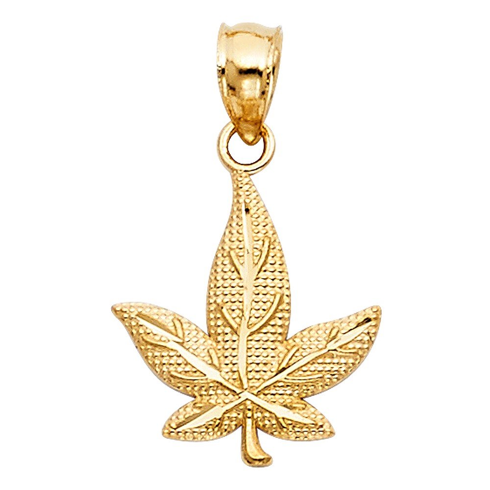 14k Yellow Gold Diamond Cut Magic Marijuana Weed Hemp Leaf Charm Pendant