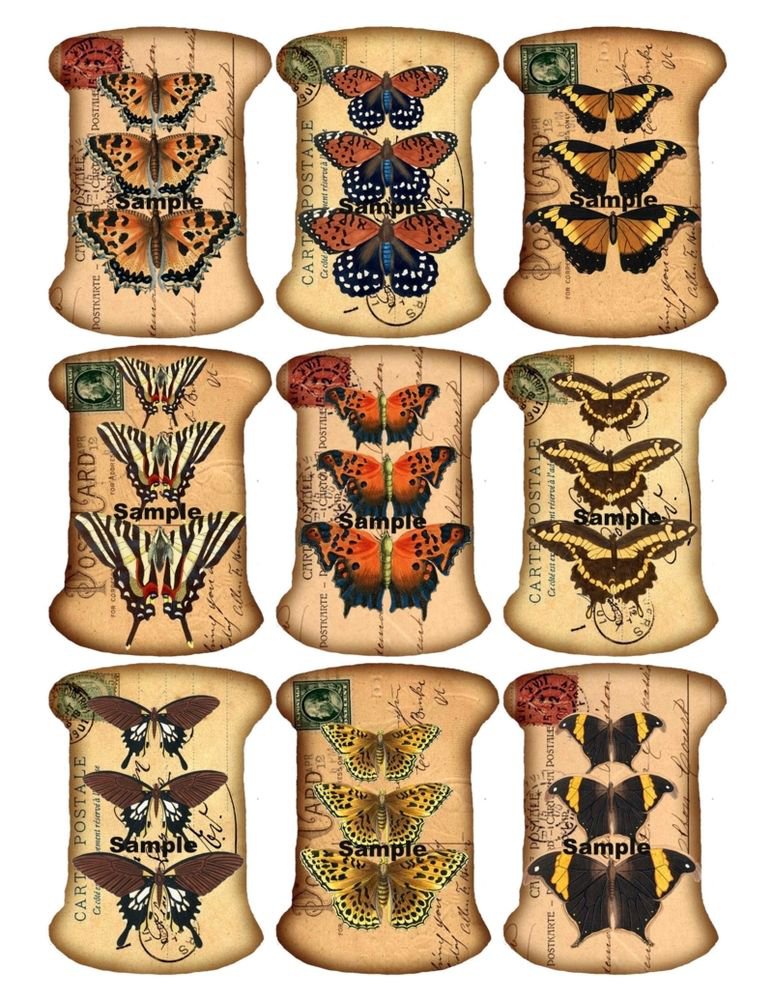 9 x Butterfly Gift Tags / Images... Spool of Thread Shape