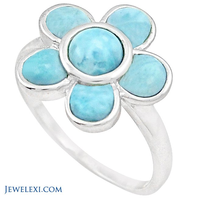 Riveting 925 Sterling Silver Floral Ring Decorated with Larimar Gemstone