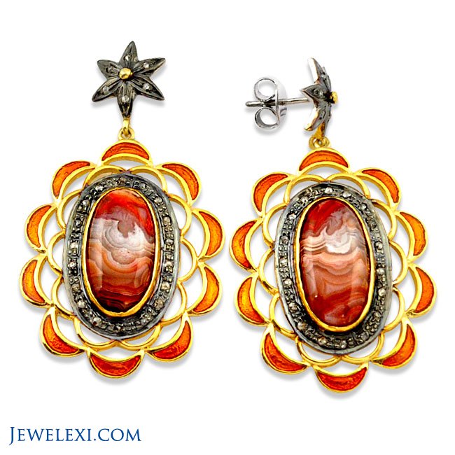 Sassy Diamond Mexican Laguna Lace Agate Enamel 14K Gold 925 Silver ...