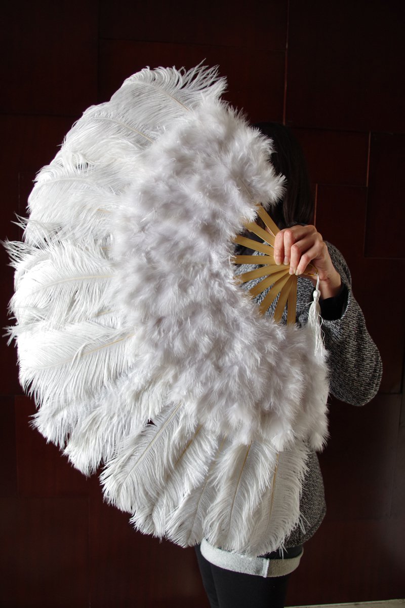 White Marabou Fan Large Feather Fan Burlesque Fan 21" x 38"