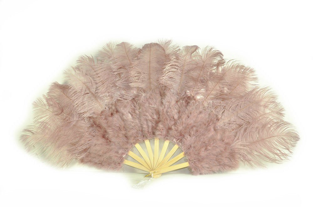 Beige wood Marabou Fan Large Feather Fan Burlesque Fan 21" x 38"