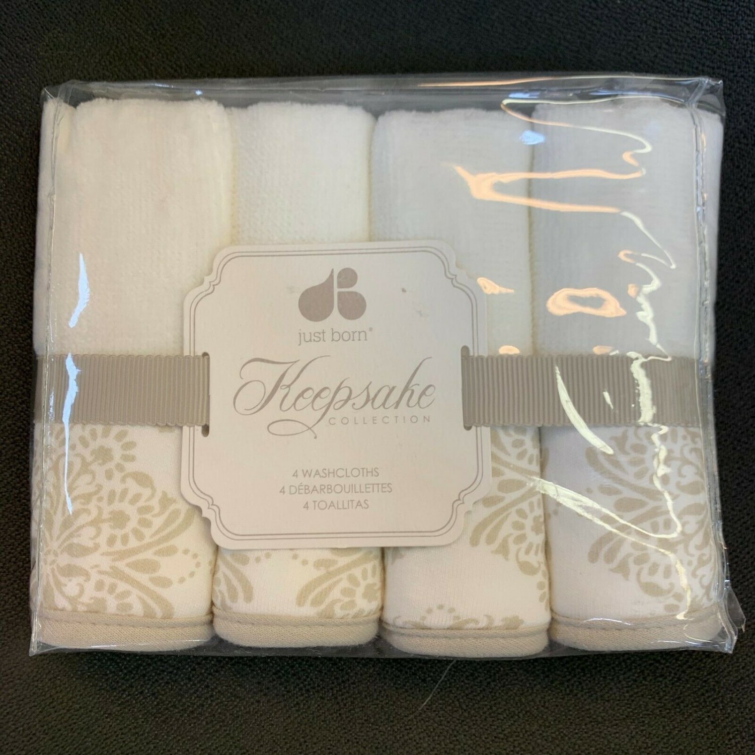 Just Born Keepsake 4 Pack Baby Newborn Infant Washcloths in Ivory Medallion