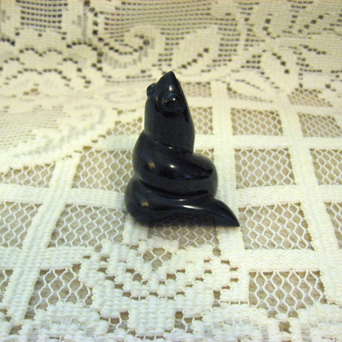 Carved Black Obsidian Snake, Serpent From Peru, 2-1/4 Inches High