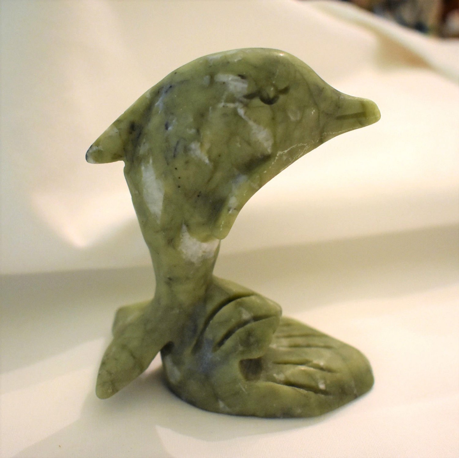 Carved Green Jadeite Nephrite Jade Dolphin, Hand Crafted, 4 Inches High