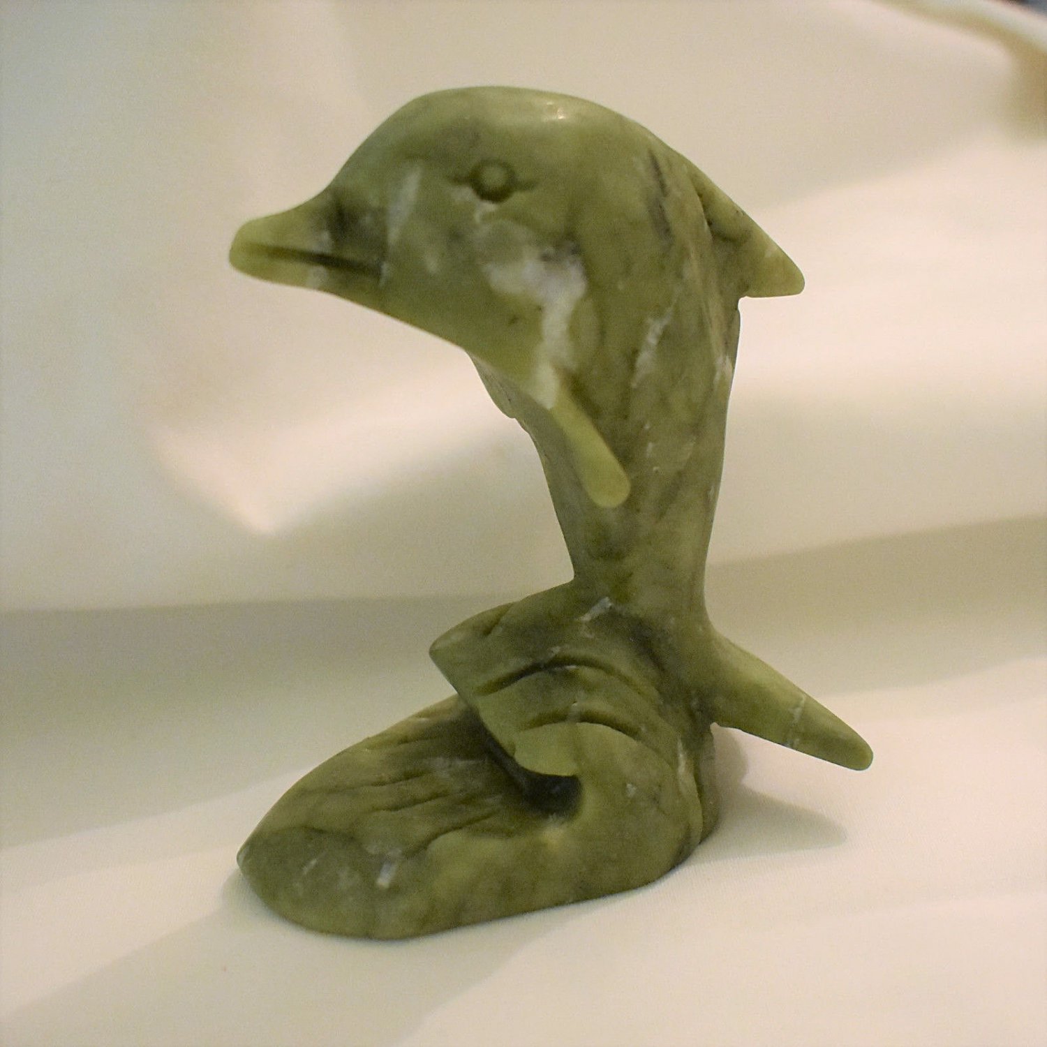 Carved Green Jadeite Nephrite Jade Dolphin, Hand Crafted, 4 Inches High