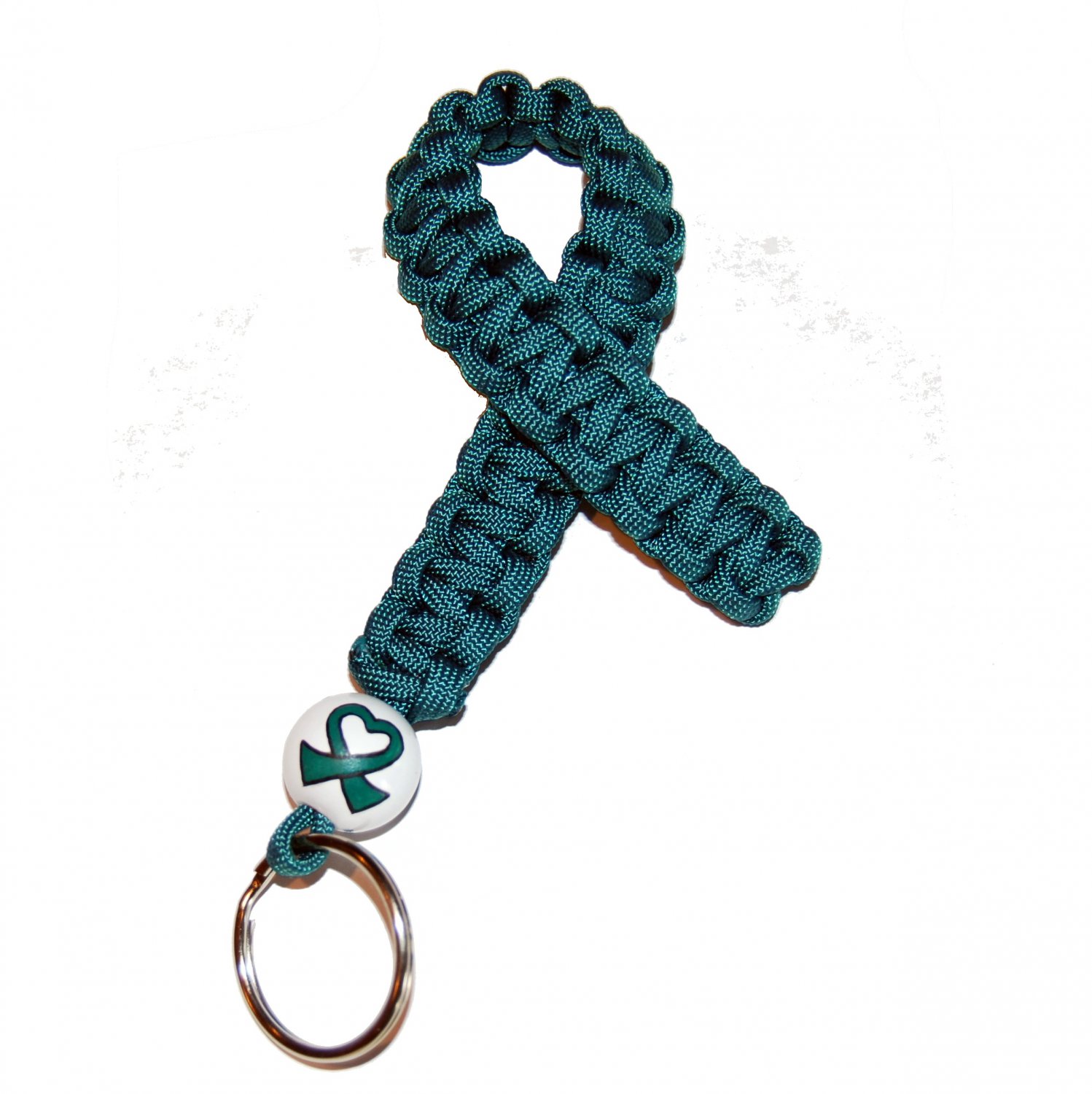 Hand-Painted Teal Ribbon Awareness Paracord Keychain