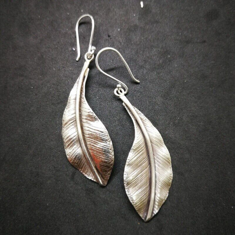 Thai Hill Tribe Earrings Pure Silver Ethnic Long Banana Leaf Tropical R510