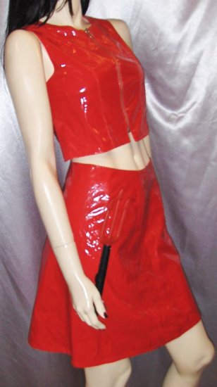 SEXY SHE DEVIL Red Vinyl WET LOOK PVC Mini Skirt & TOP Outfit Costume M ...
