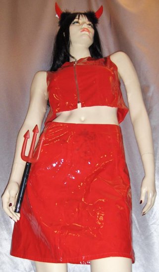 SEXY SHE DEVIL Red Vinyl WET LOOK PVC Mini Skirt & TOP Outfit Costume M ...
