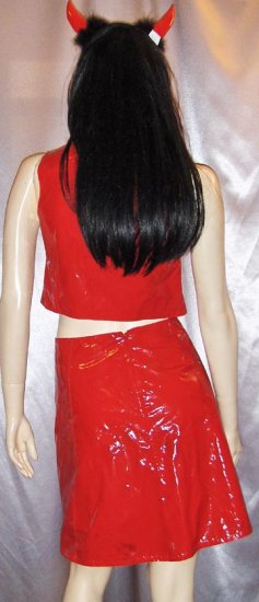 SEXY SHE DEVIL Red Vinyl WET LOOK PVC Mini Skirt & TOP Outfit Costume M ...