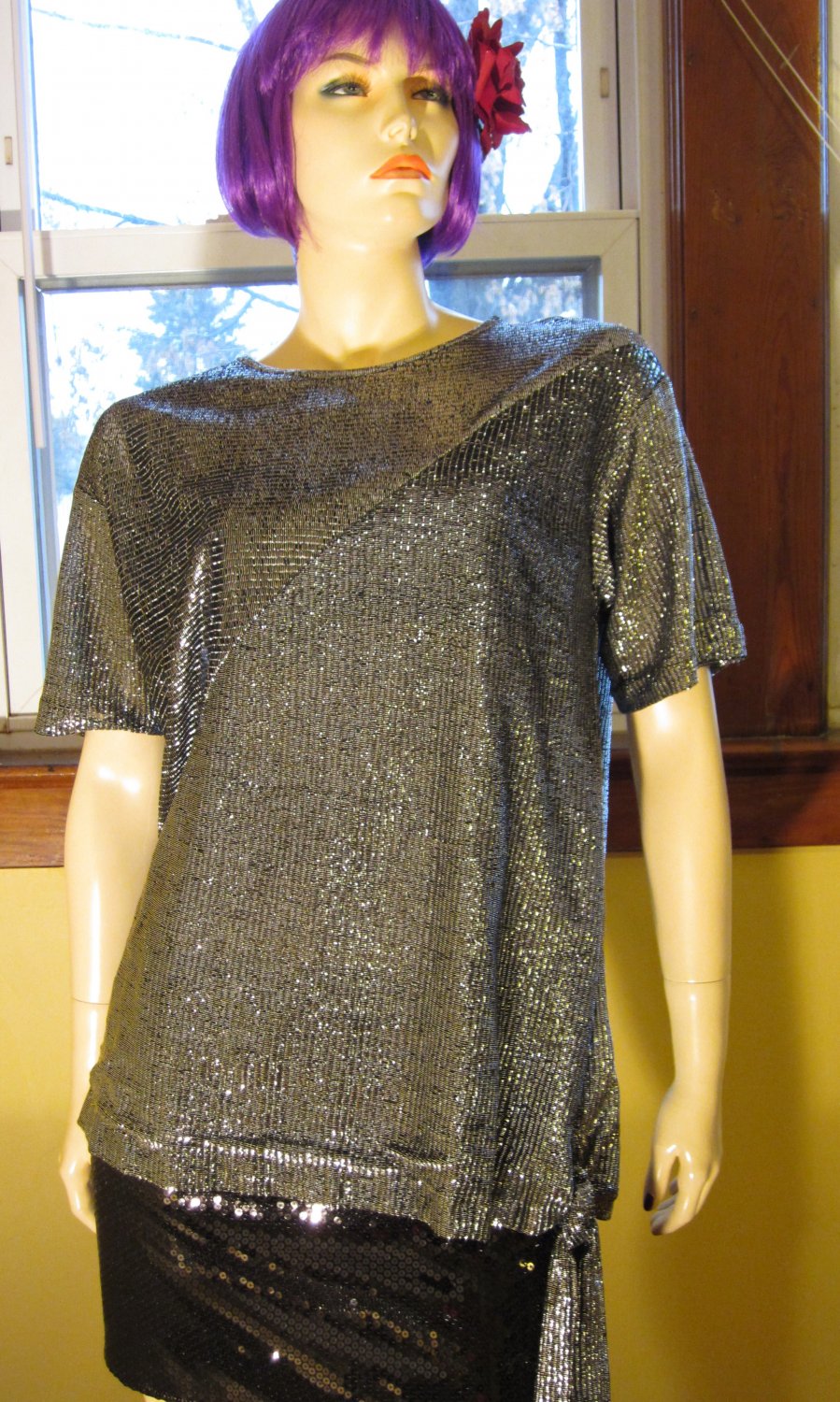 Glitzy Glitter Glam Silver Metallic Vintage Disco Party Top Blouse Sz ...