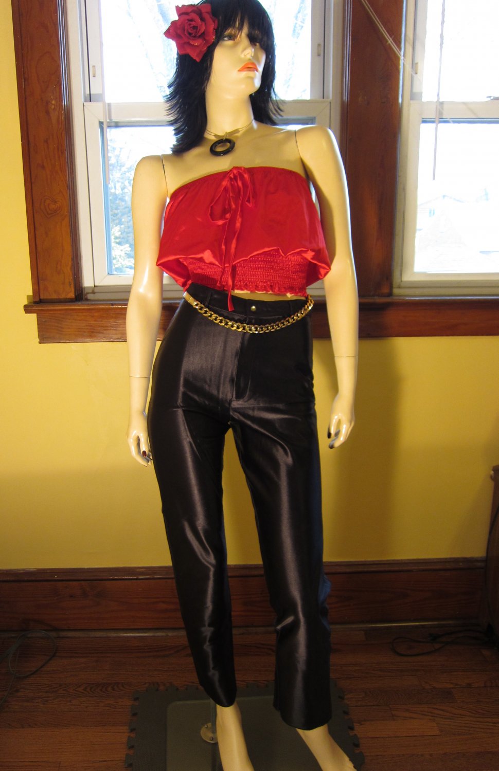 Vintage 80s High Waisted Black Satin Spandex DISCO GLAM Rocker Pants Sz. 9