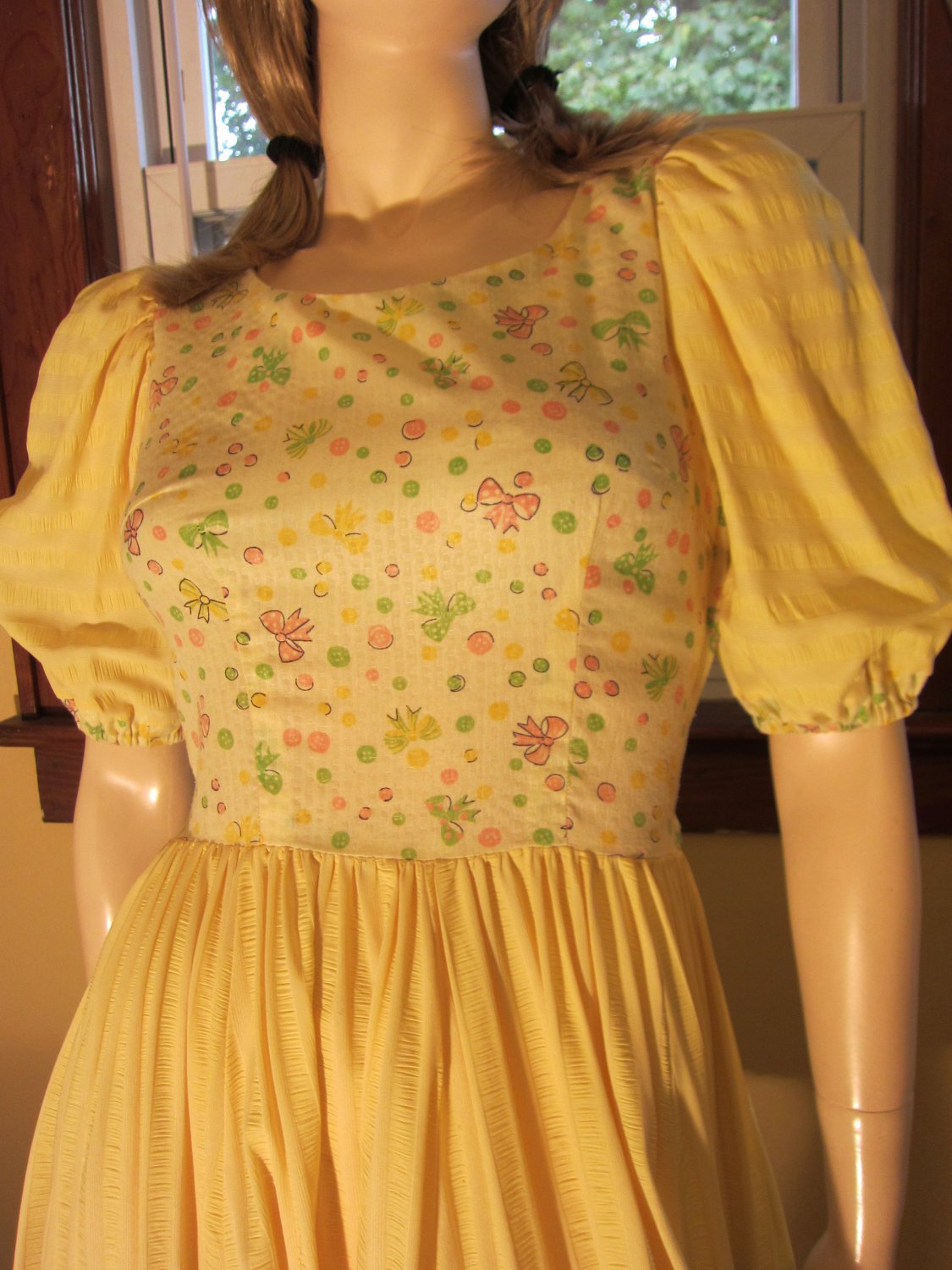 VTG 70s Girl’s Puff Slv Bow Print Ruffle Hem Circle Skirt Bluegrass Dress