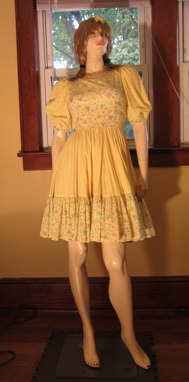 VTG 70s Girl’s Puff Slv Bow Print Ruffle Hem Circle Skirt Bluegrass Dress