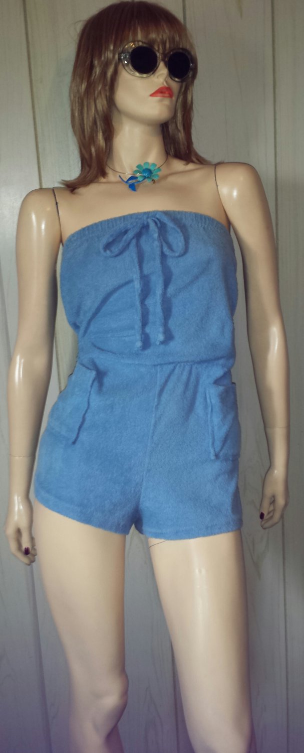 Groovy Vintage 70s Cool Ocean Blue Terry Cloth Beach Romper Sz S.