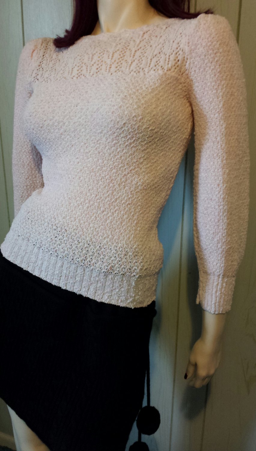 Vintage 80s Baby Pink Puff Sleeve Pointelle Knit Formfit Sweater Top S
