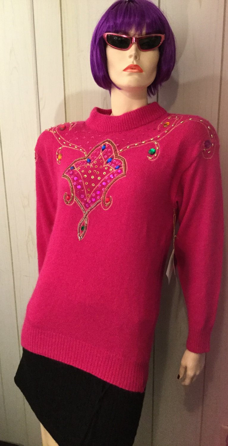 Vintage 80s Mariea Kim Bedazzled Jeweled Sequin Beads Embellished Pink Angora Sweater MINT NWT Sz S