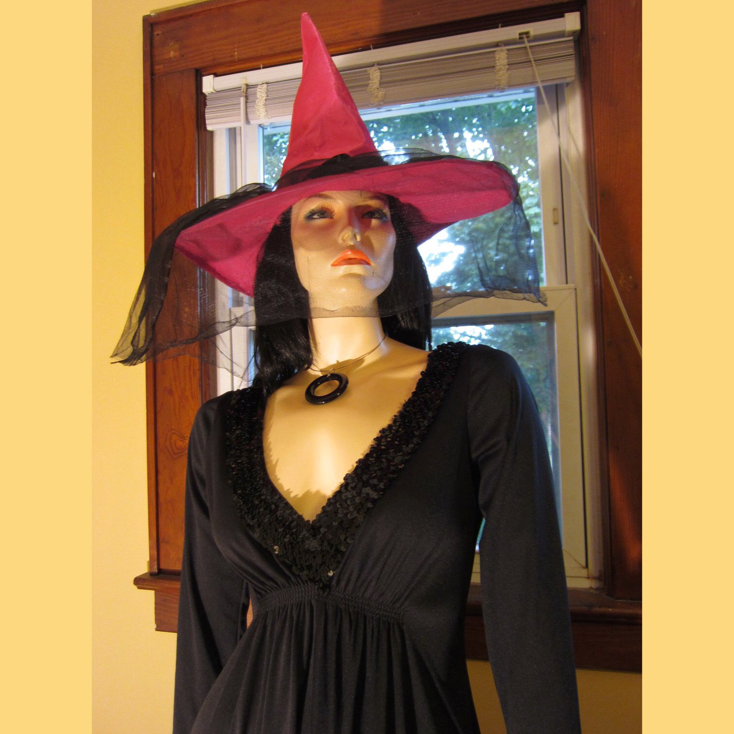 Vintage Y2K Gothic Mistress Pink & Black Veiled Witch Hat O/S