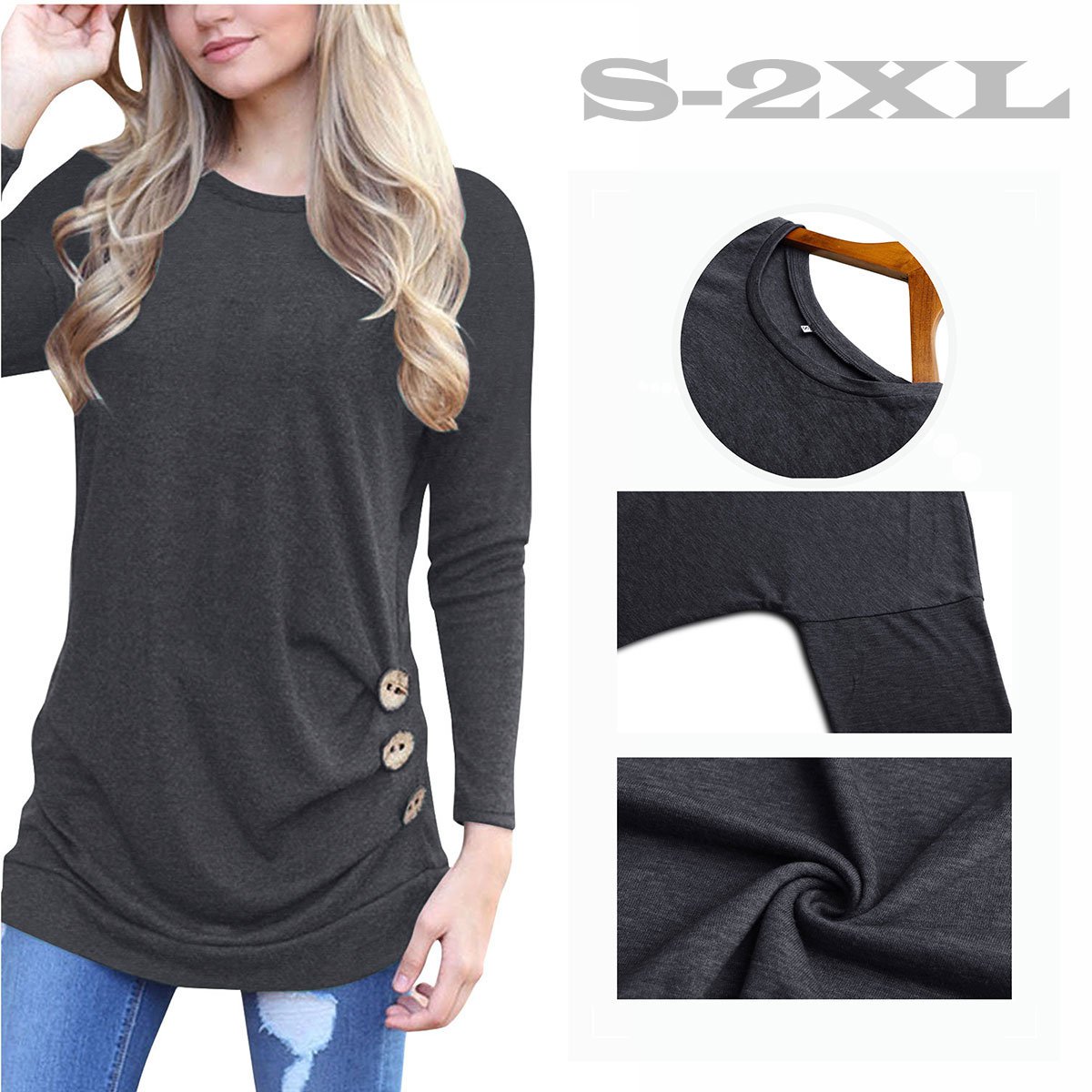 Women Autumn Blouses Casual Long Sleeve Shirts Solid Color Blusa Round ...