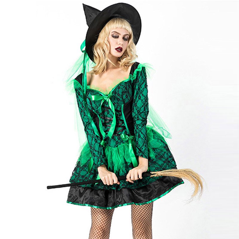 Green Sorcerer Fancy Dress Halloween Cosplay Uniform Female Witch Costume