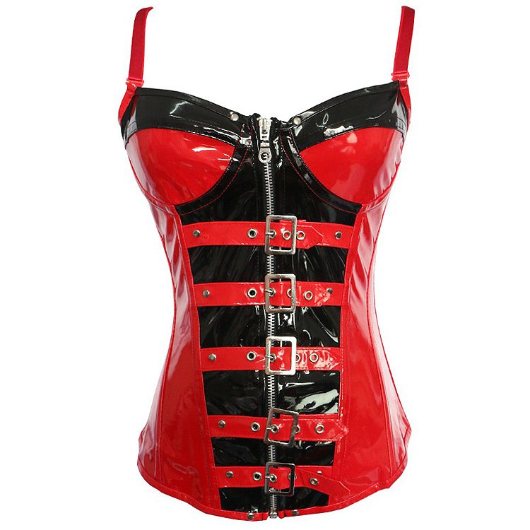 Red Wet Look Pvc Corset Steampunk Steel Boned Zipper Overbust Patent