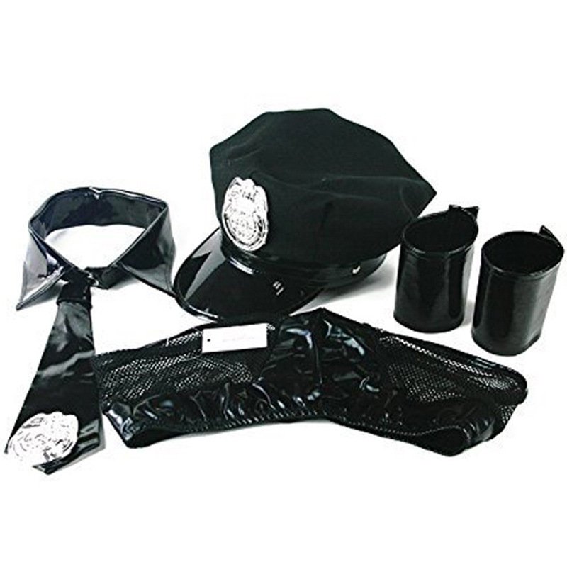 Sexy Police Cosplay Costume Black Faux Leather Male Fetish Lingerie Men