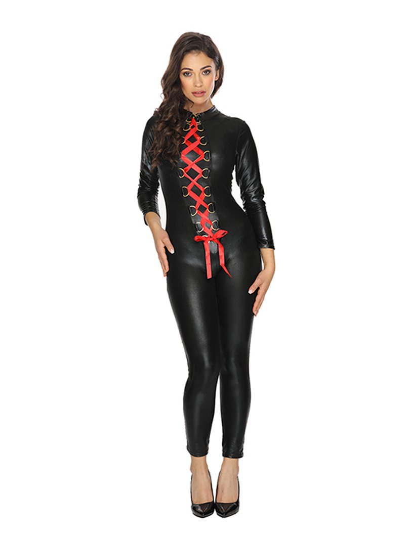 Women PVC Zantai Black Two Way Zipper Lace Up Vinyl Leather Catsuit
