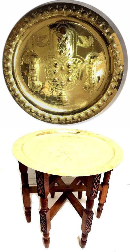 Tea Folding Table engraved Brass Tray Top Khamsa hanukkah Judaica Hand 13"Ø