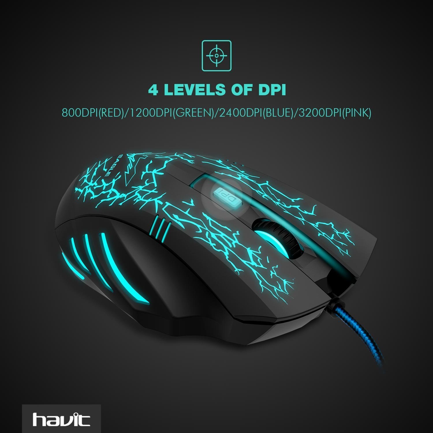3200 DPI Wired Mouse 4 Adjustable DPI Levels 800/1200/2400/3200 DPI 7 ...