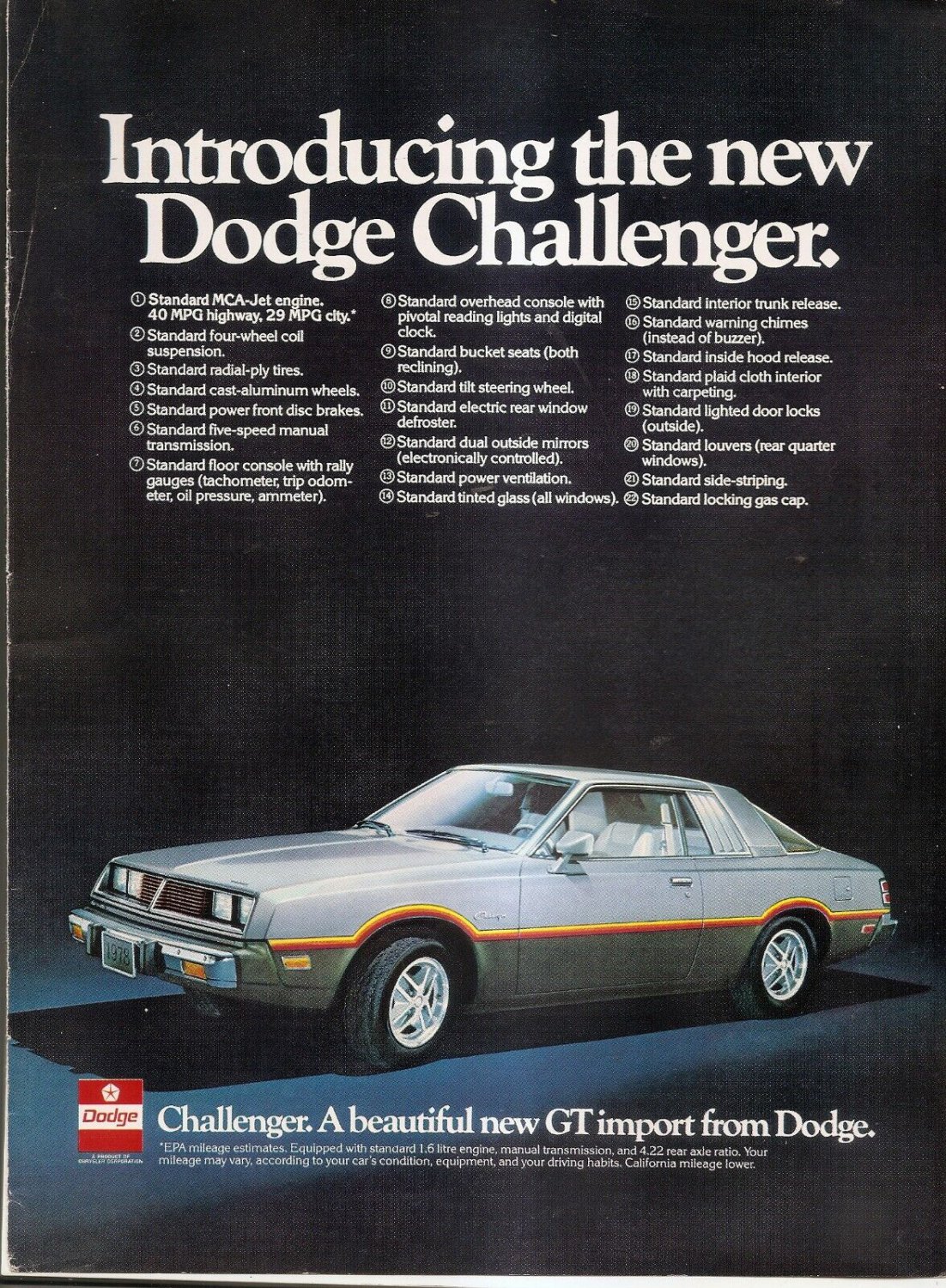 DODGE CHALLENGER Automobile Magazine Print Advertisement 1980s
