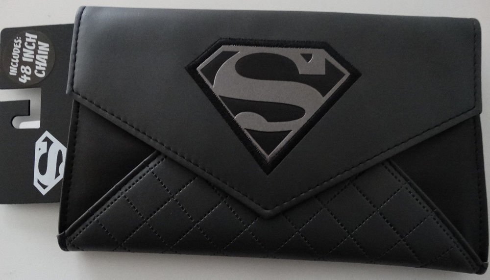 Superman Logo Dc Comics Black Envelope Chain Wallet Nwt