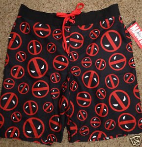 Deadpool Allover Logo's Marvel Comics Board Swim Mens Black Shorts Nwt
