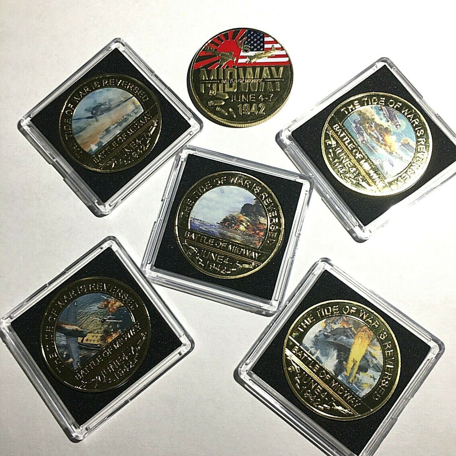 WW2 BATTLE OF MIDWAY 5 CHALLENGE COIN SET June 4-7 1942 w/cases FREE ...