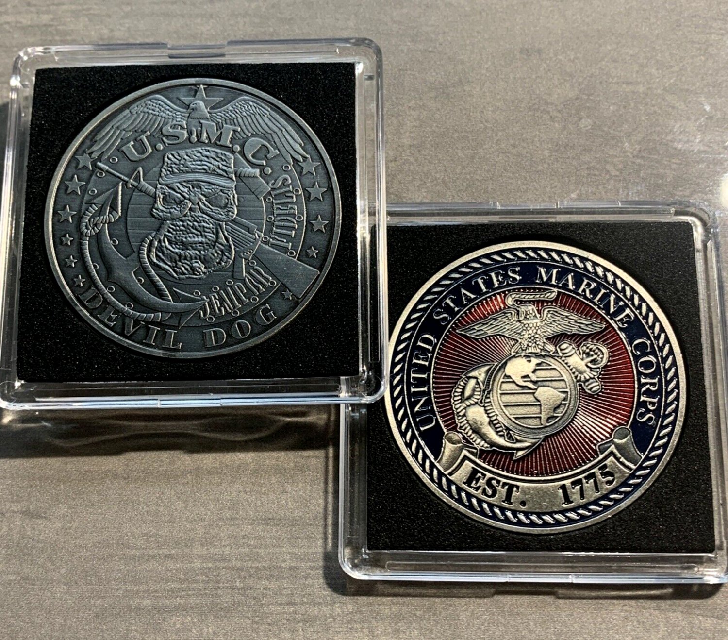 Skull Devil Dog Challenge Coin-US Marine Corps USMC w/Case