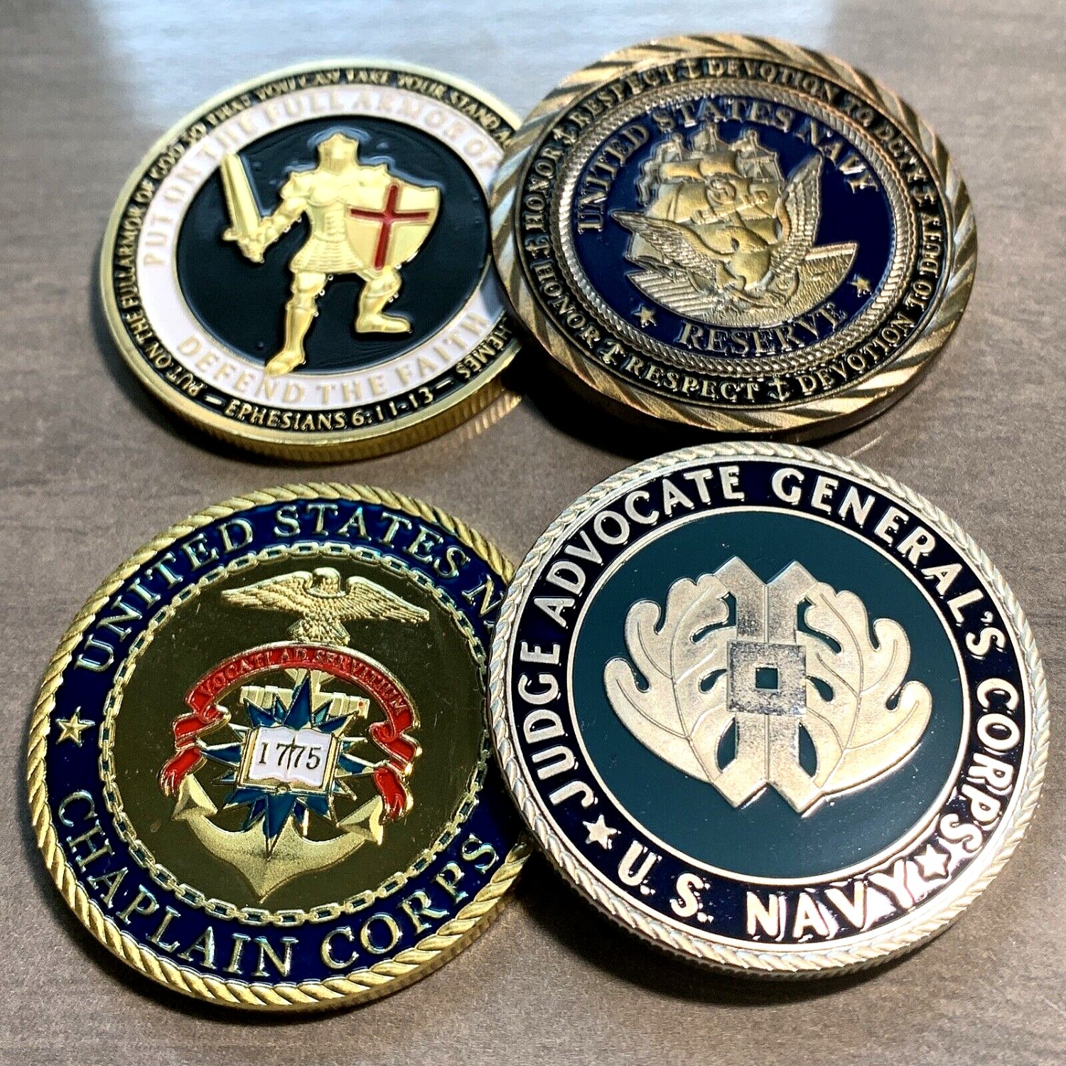 US Military-US NAVY Challenge Coin Lot of 4-JAG-Reserves-Armor-Chaplin