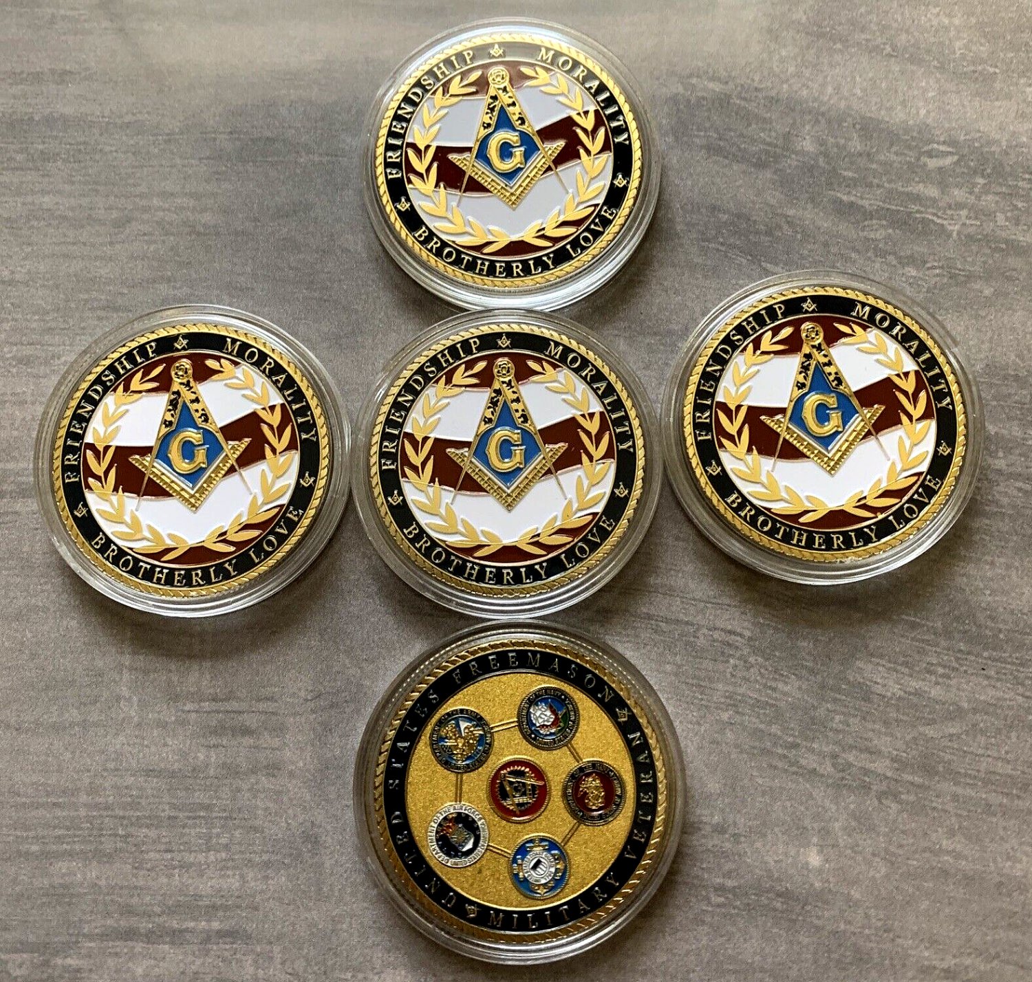 US Military VETERAN Challenge Coin *5 PACK* Freemason ARMY-NAVY-USAF-USCG