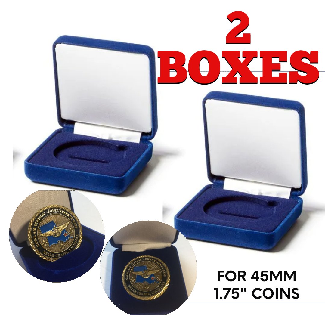 LOT OF 2-Blue Velvet Challenge Coin Display Boxes w/Standup Slot for 1. ...