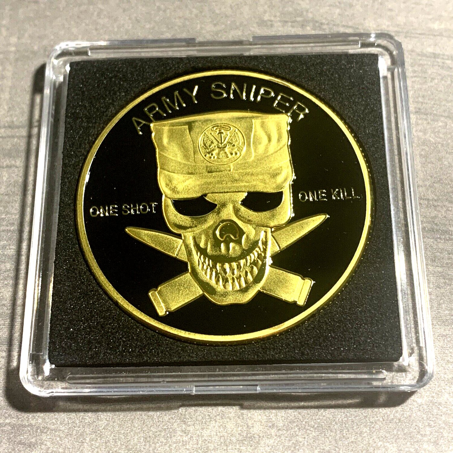 UNITED STATES ARMY Sniper Skull Challenge Coin "One Shot~One Kill" w Case