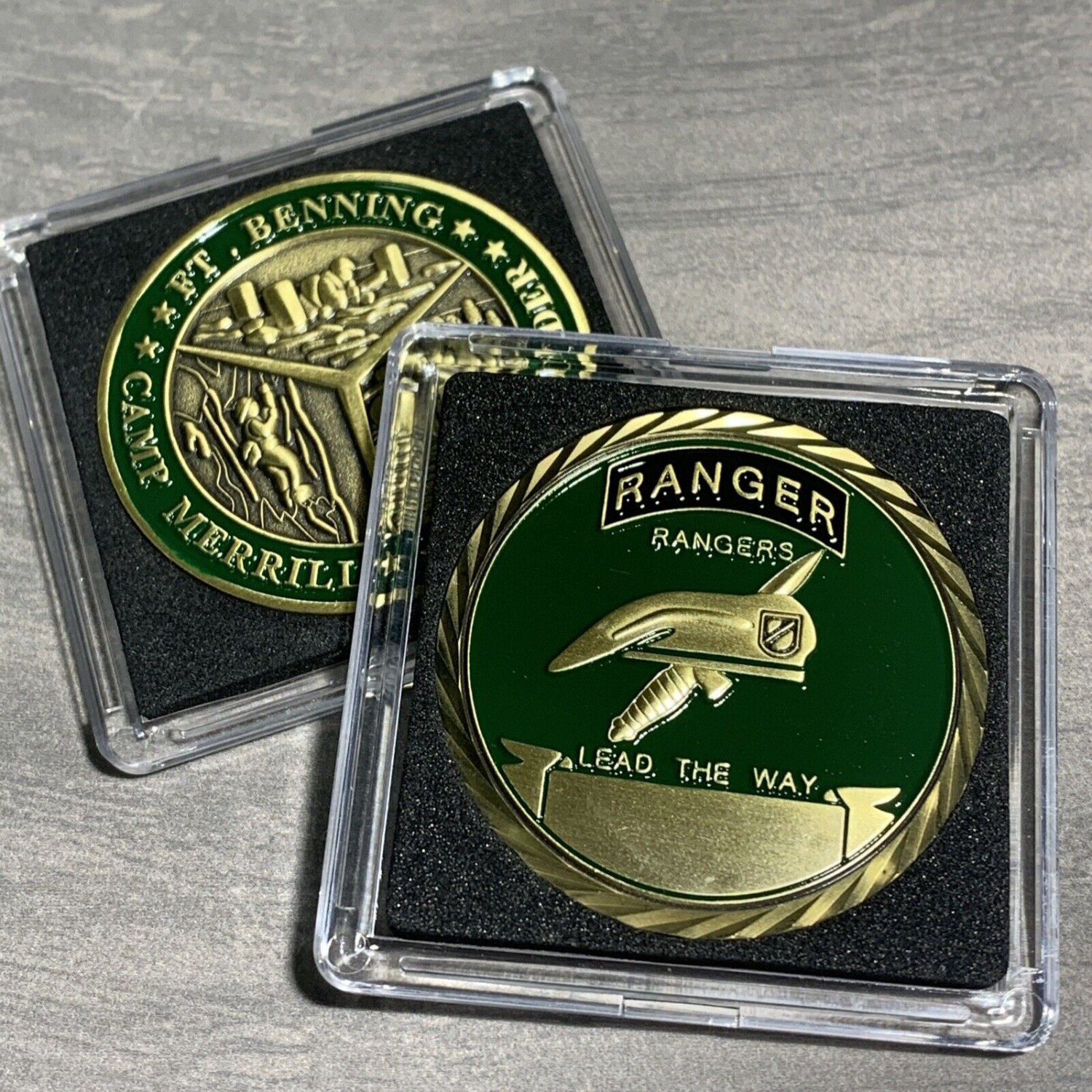 US ARMY RANGERS Challenge Coin-FT BENNING-CAMP MERRILL & RUDDER w Case