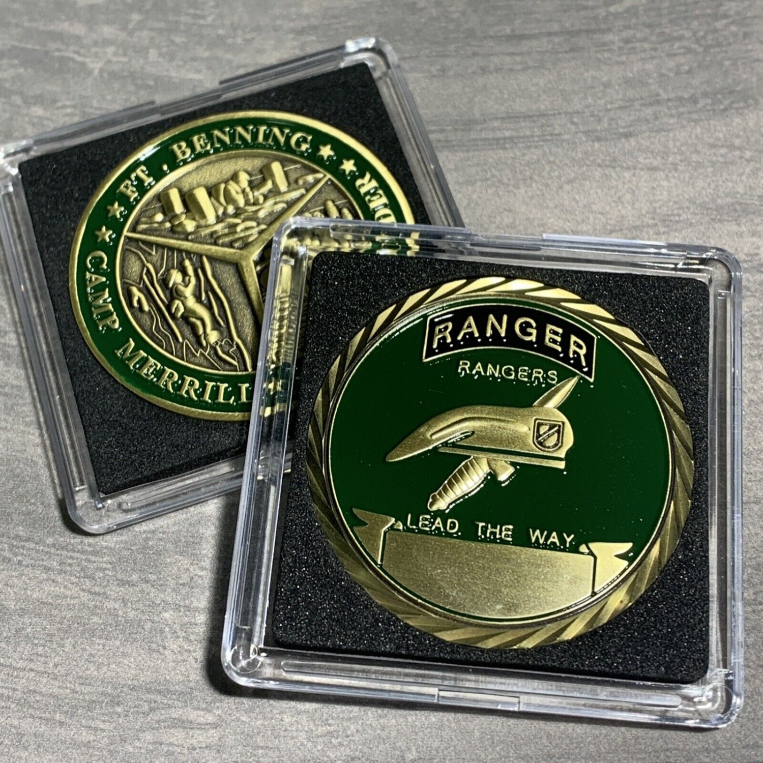 US ARMY RANGERS Challenge Coin-FT BENNING-CAMP MERRILL & RUDDER w Case