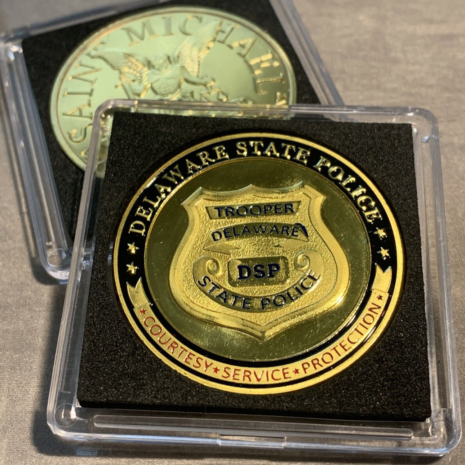 DELAWARE STATE POLICE Challenge Coin St Michael Prayer 40mm with Case