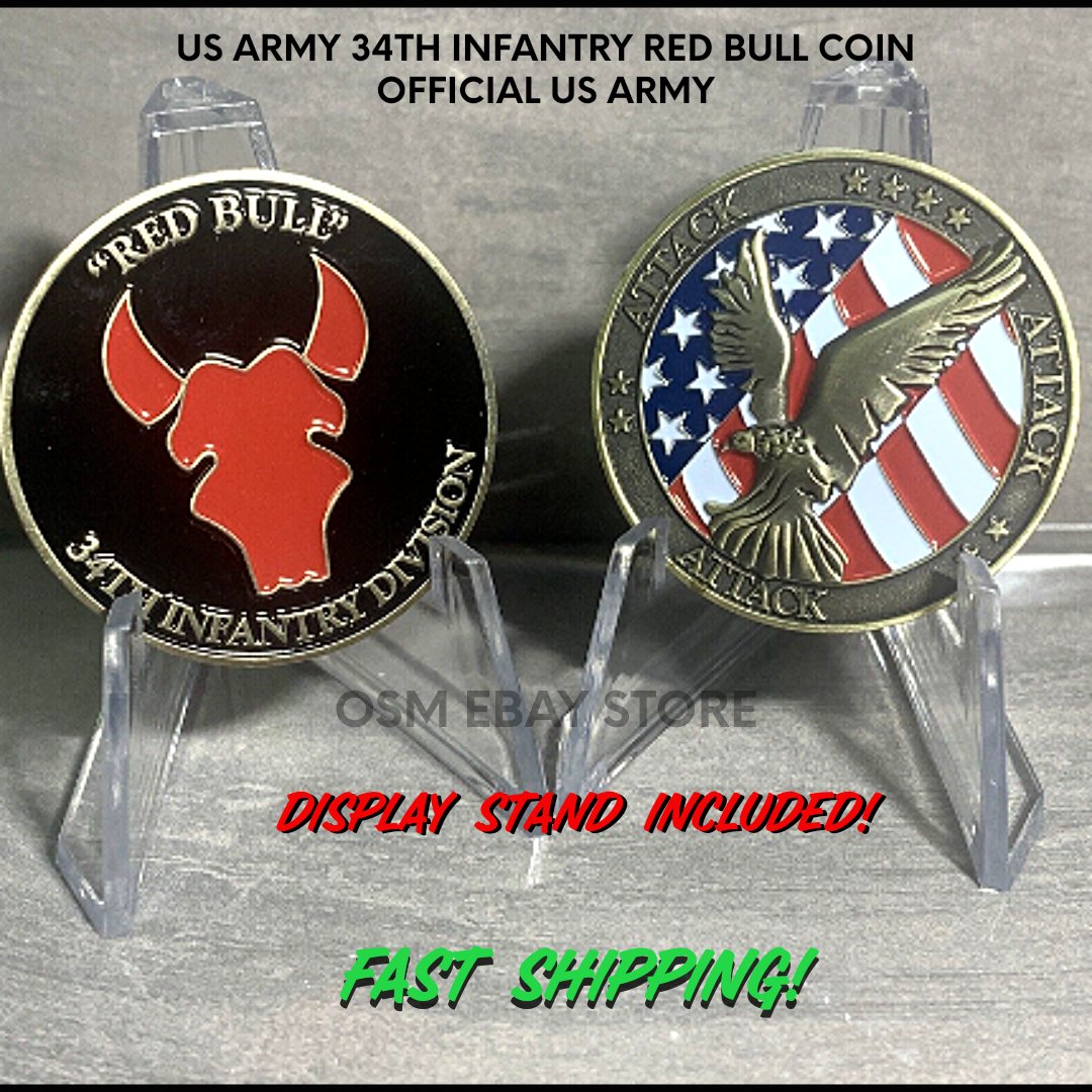 US ARMY 34TH INFANTRY DIVISION "RED BULL" Challenge Coin w Stand