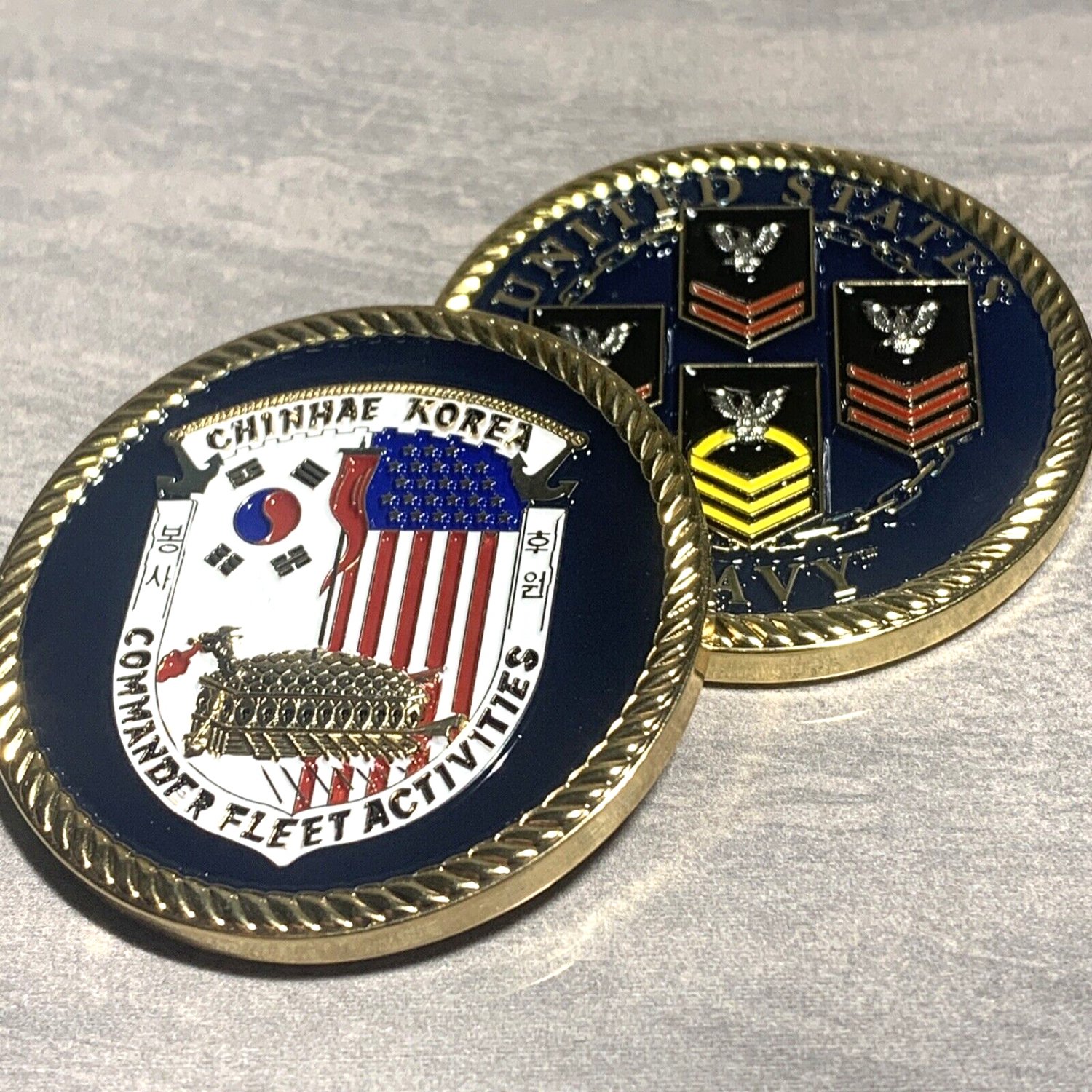 US NAVY CHINHAE KOREA Ranks-Commander Fleet Activities Challenge Coin 1 ...