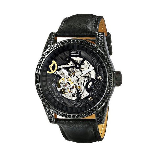 BRAND NEW GUESS U0013G1 EXHIBITION AUTOMATIC BLACK LEATHER & GLITZ MEN ...