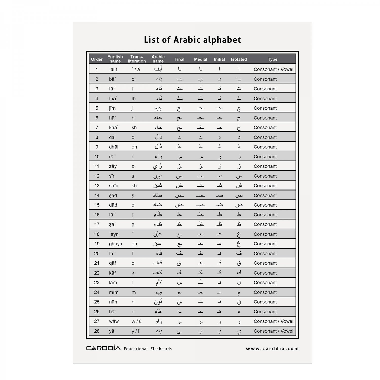 Arabic alphabet (including consonants, vowels, diacritics and numerals)