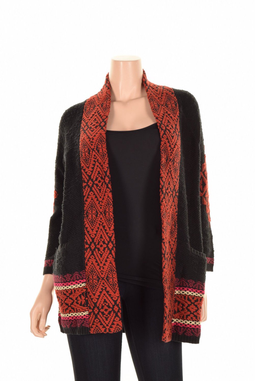 Lucky Brand Jeans Open Front Jacquard Sweater Co Black Multi S (Size ...