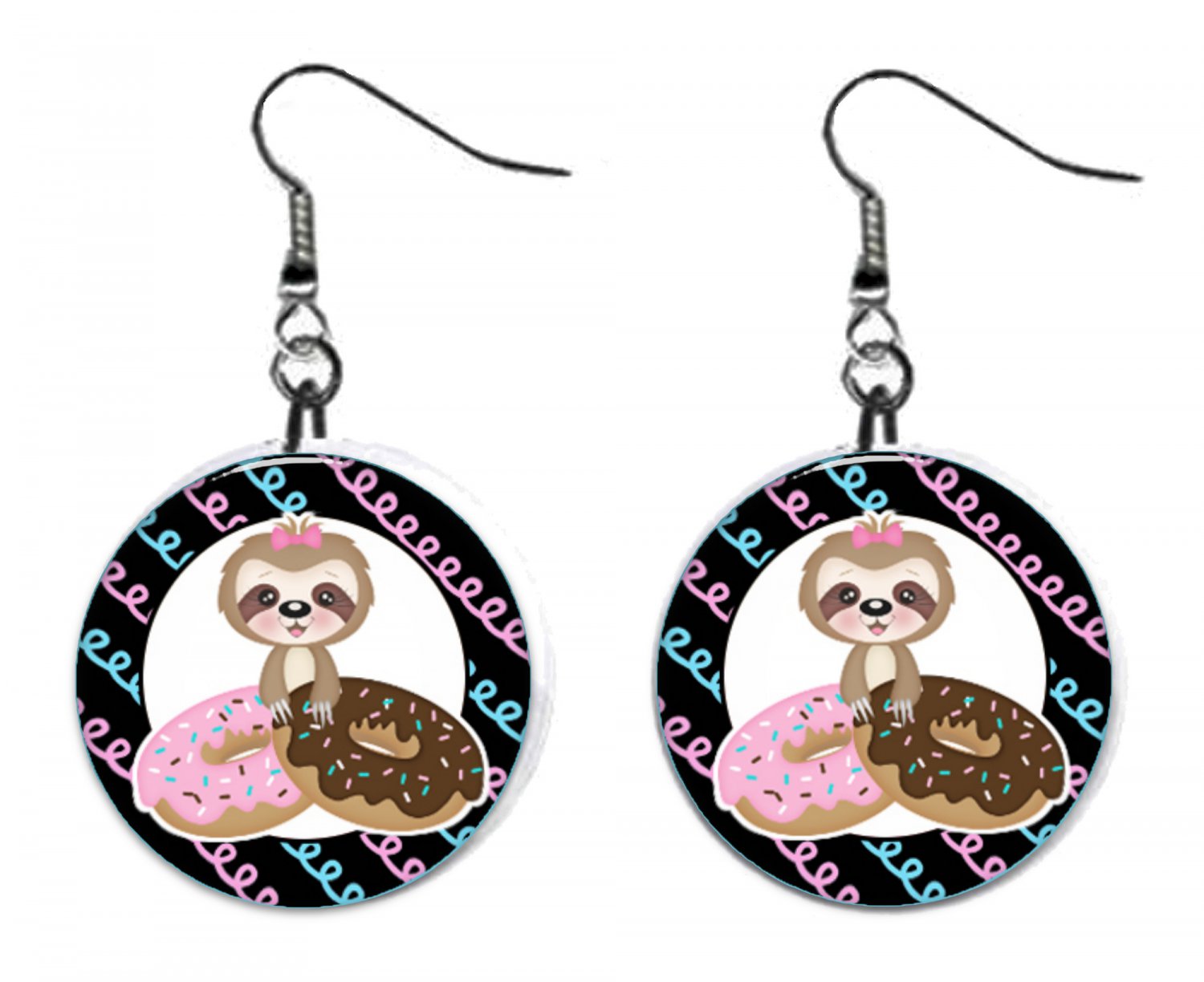 Cute Sloth with Donuts 1" Round Button Dangle Earrings Jewelry