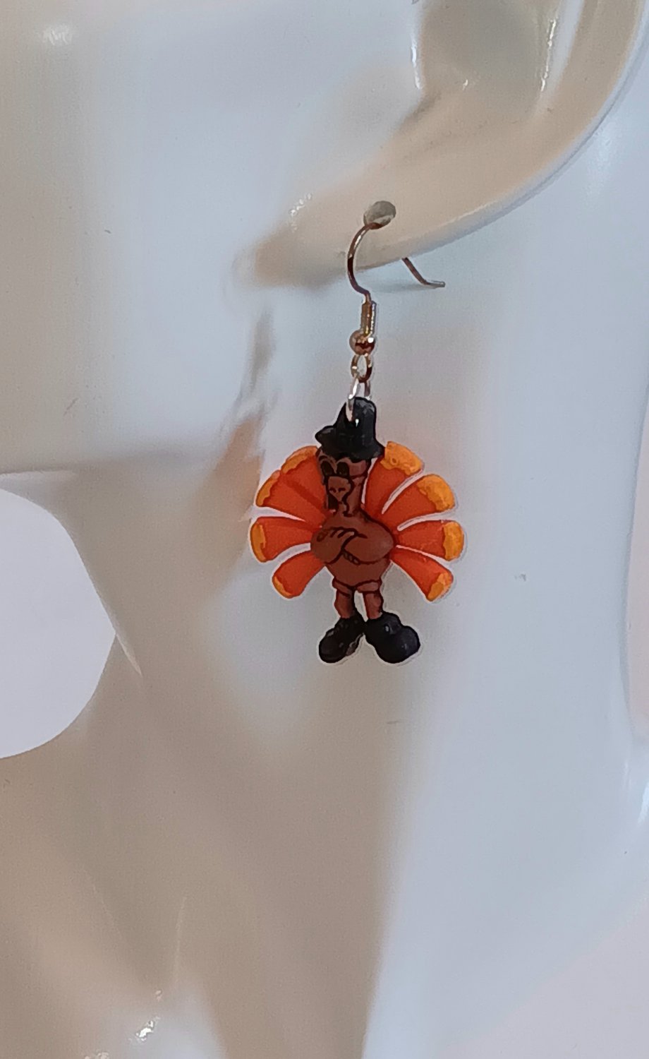 Turkey Thanksgiving in Pilgrim Hat Plastic Dangle Earrings, Jewelry