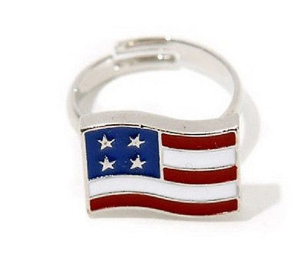 Silver Plated American National USA Flag Ring Adjustable Ring